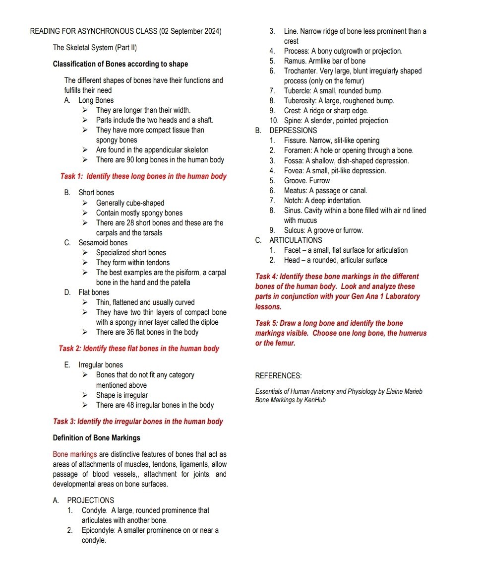 READING FOR ASYNCHRONOUS CLASS (02 September 2024) The Skeletal System ...