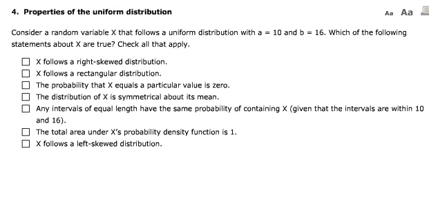 SOLVED: Properties of the uniform distribution Aa Consider random varable that follows uniform ...