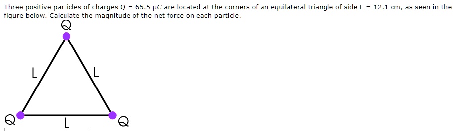 Three positive particles of charges q 655 hc are located at...