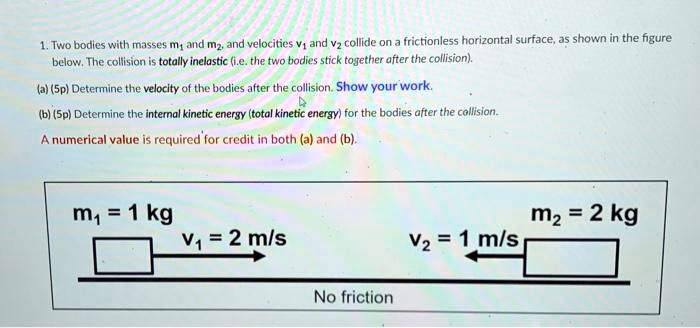 SOLVED: Two bodies with masses m1 and m2, and velocities v1 and v2, collide on a frictionless ...