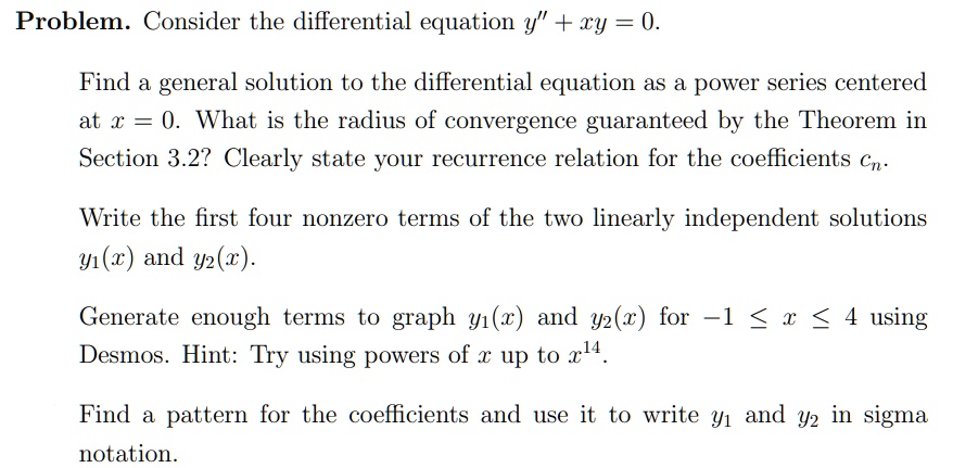 SOLVED: Problem: Consider the differential equation y” + y = 0. Find a general solution to the ...