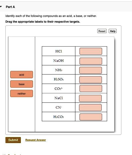 SOLVED: Identify each of the following compounds as an acid, base, or neither. Drag the ...