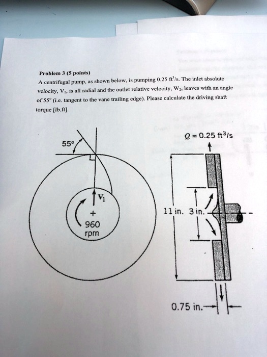 SOLVED: Problem 3 (5 points) A centrifugal pump, as shown below, is pumping 0.25 ft/s. The inlet ...
