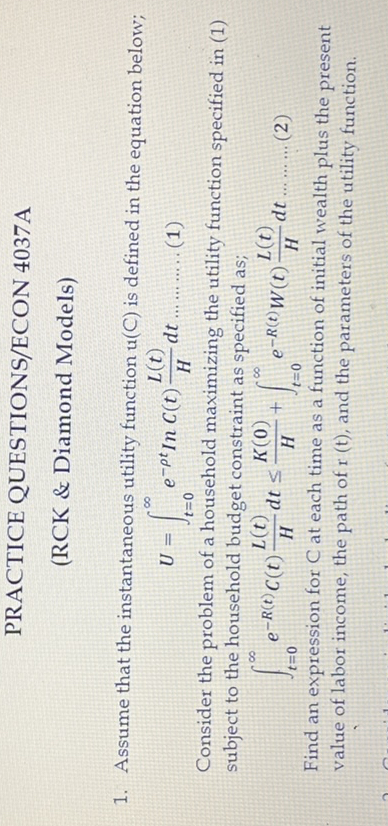 SOLVED: PRACTICE QUESTIONS/ECON 4037A (RCK & Diamond Models) 1. Assume ...