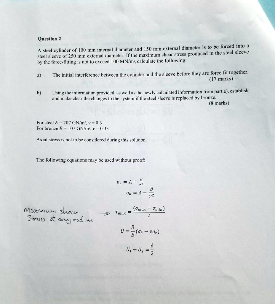 SOLVED: Question 2: A steel cylinder of 100 mm internal diameter and ...