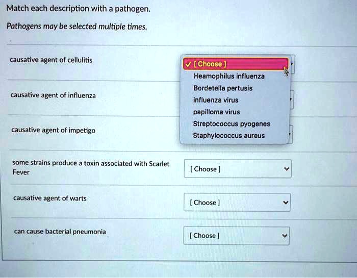 Match each description with a pathogen. Pathogens may be selected ...
