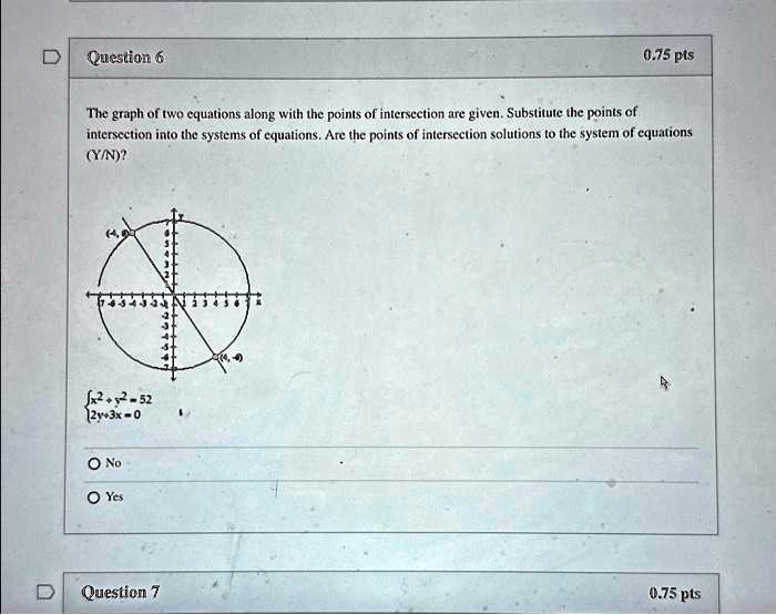 Question 6 0.75 pts The graph of two equations along with the points of intersection are given ...