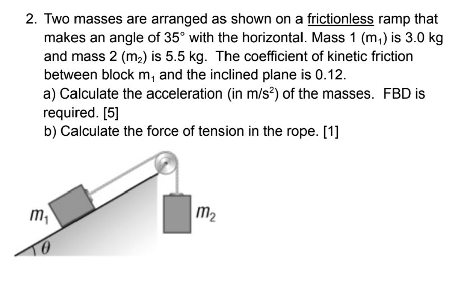 2. Two masses are arranged as shown on a frictionless ramp that makes an angle of 35° with the ...