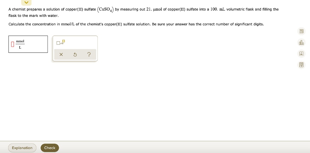 SOLVED: chemlst prepares solution of copper( II) sulfate Cuso4 by measurlng out 21 pmol copper ...