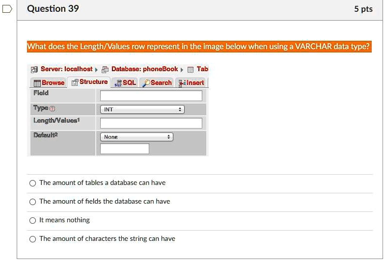 SOLVED: Question 39 5 pts What does the Length/ Values row represent in ... SOLVED: Question 39 5 pts What does the Length/ Values row represent in ...