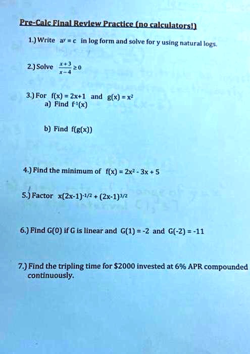 please help me with these 7 problems pre calc elnal review practice no ...