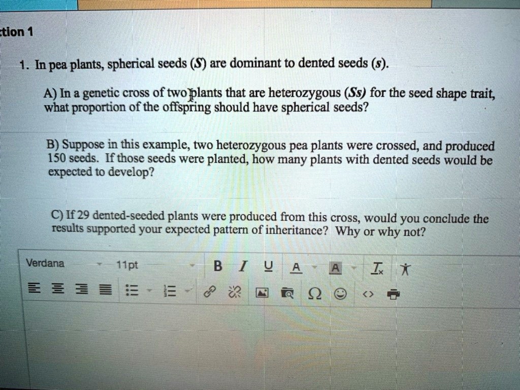 SOLVED: Section 1 In pea plants, spherical seeds (S) are dominant to ...