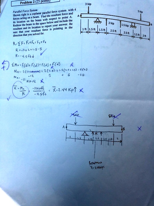 SOLVED: Problem 2 (25 points) 3 kip Parallel Force System: Forces acting on a beam. Find the ...