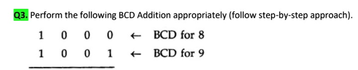 SOLVED: Q3. Perform the following BCD Addition appropriately (follow step-by-step approach): BCD ...