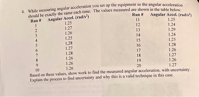 SOLVED: Acceleration: You set up the equipment to measure the angular ...