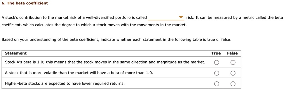 SOLVED: The beta coefficient A stock's contribution to the market risk ...