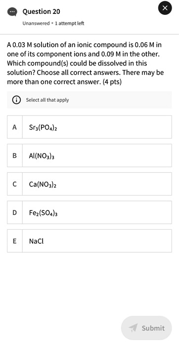 SOLVED: Question 20 Unansvered attempt left A 0.03 M solution of an ...