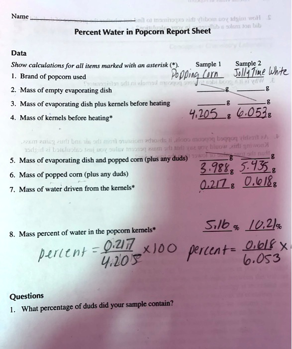 SOLVED: Name Percent Water in Popcorn Report Sheet Data Show ...