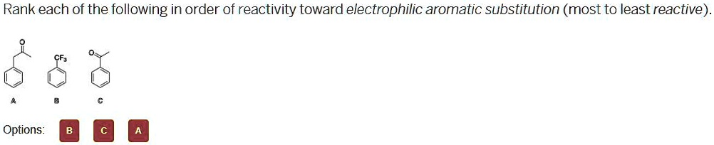 rank each of the following in order of reactivity toward electrophilic aromatic substitution ...