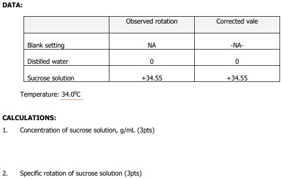 SOLVED: DATA: Observed rotation Corrected value Blank setting N/A ...