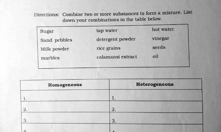 Directions: Combine two or more substances to form a mixture. List down ...