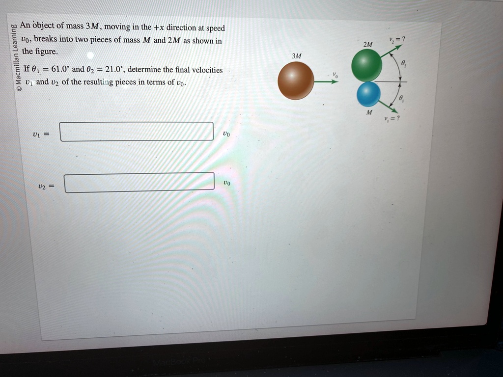 An object of mass 3M, moving in the +x direction at speed v0, breaks into two pieces of mass M ...