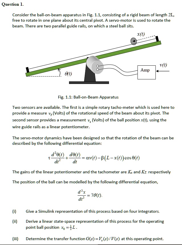 SOLVED: Consider the ball-on-beam apparatus in Fig: 1.1, consisting of ...