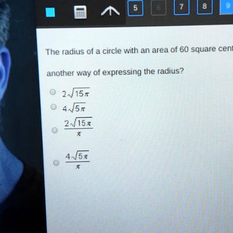 SOLVED: The radius of a circle with an area of 60 square centimeters is ...