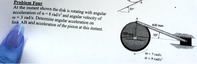 Problem Four At the instant shown the disk is rotating with angular acceleration of α = 8 rad/s ...