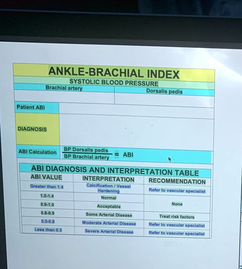 ankle brachial index systolic blood pressure brachial artery dorsalis pedis patient abi ...