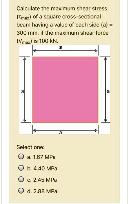 SOLVED: Calculate the maximum shear stress (Tmax) of a square cross ...