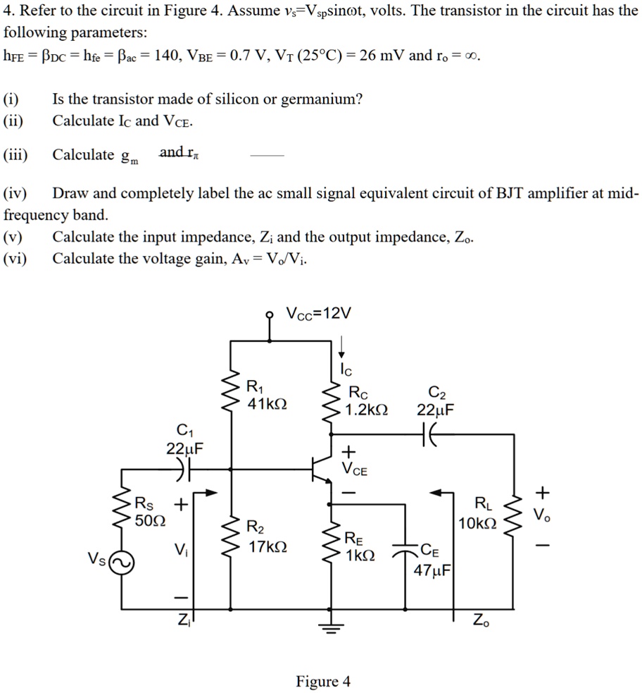 SOLVED: Texts: 4. Refer to the circuit in Figure 4. Assume vs = Vsp*sin(ωt), volts. The ...