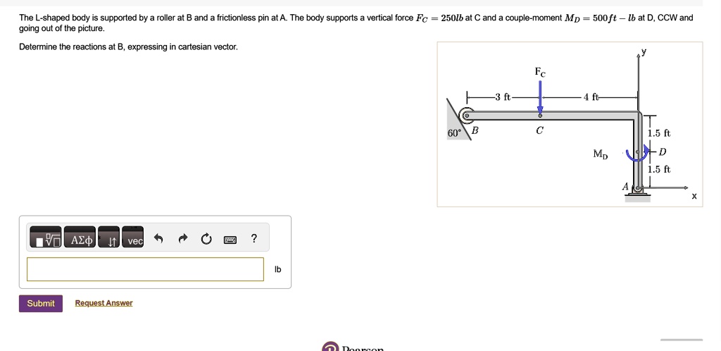 the l shaped body is supported by a roller at b and a frictionless pin ...