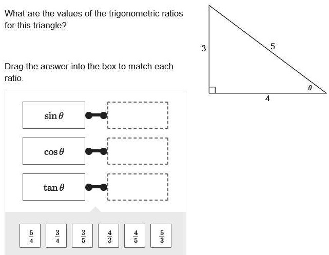 What are the values of the trigonometric ratios for this triangle? Drag the answer into the box ...