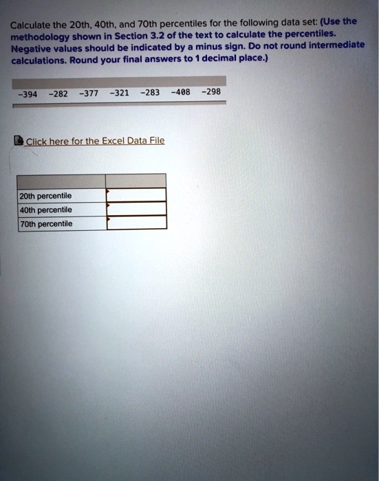 calculate the 2oth 4oth and 7oth percentiles for the following data set ...
