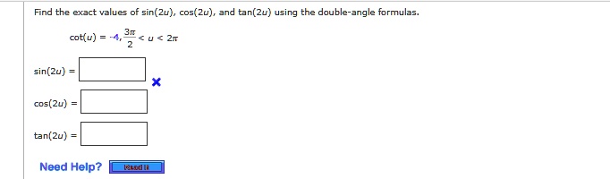 Find the exact values of sin(2u), cos(2u), and tan(2u) using the double ...