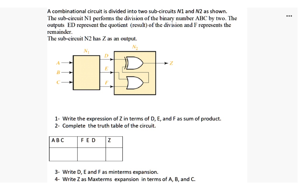 SOLVED: A combinational circuit is divided into two sub-circuits N1 and N2 as shown: The sub ...