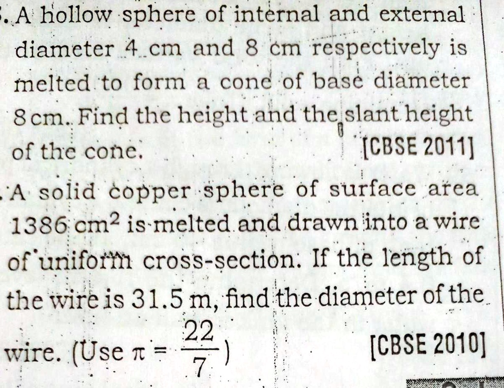 . A hollow sphere of internal and external diameter 4 cm and 8 cm ...