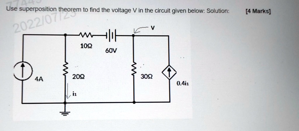 SOLVED: please answer Use superposition theorem to find the voltage V in the circuit given below ...