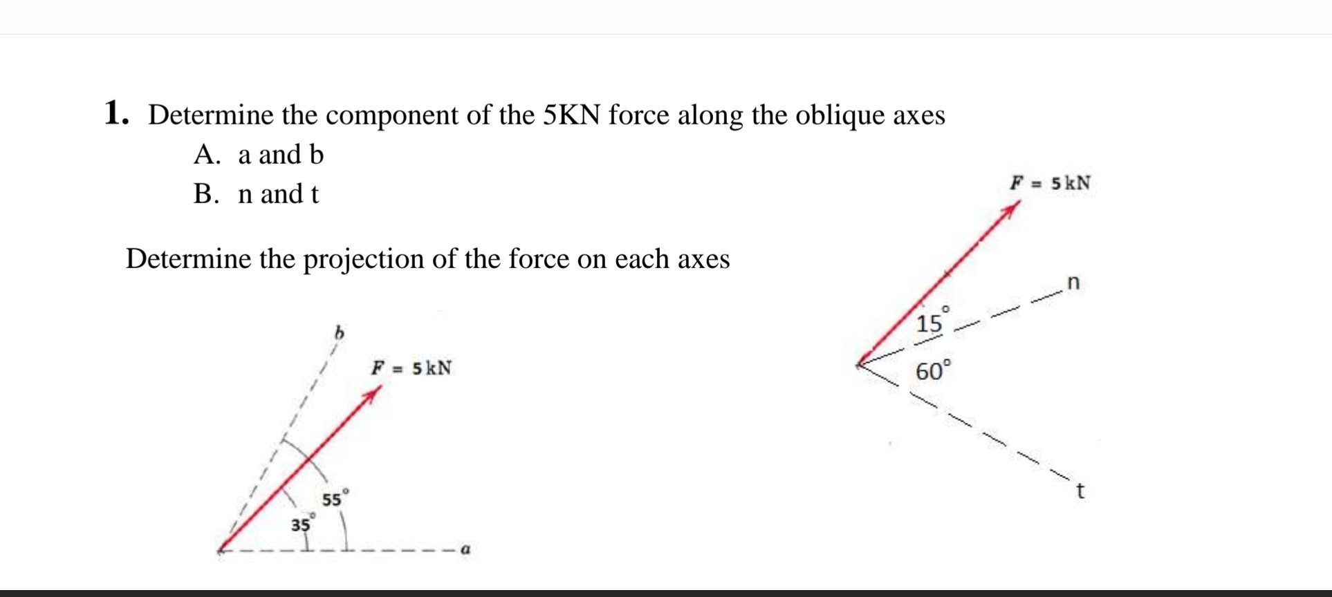 1. Determine the component of the 5 KN force along the oblique axes A. a and b B. n and t ...