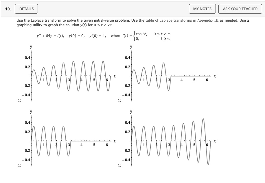 SOLVED: DETAILS MY NOTES ASK YOUR TEACHER Use the Laplace transfomm to ... SOLVED: DETAILS MY NOTES ASK YOUR TEACHER Use the Laplace transfomm to ...