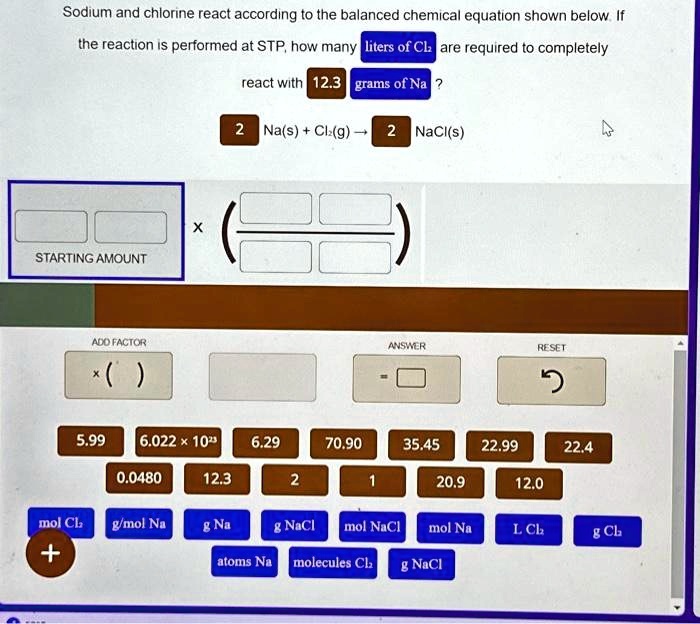 SOLVED: Sodium and chlorine react according to the balanced chemical ...