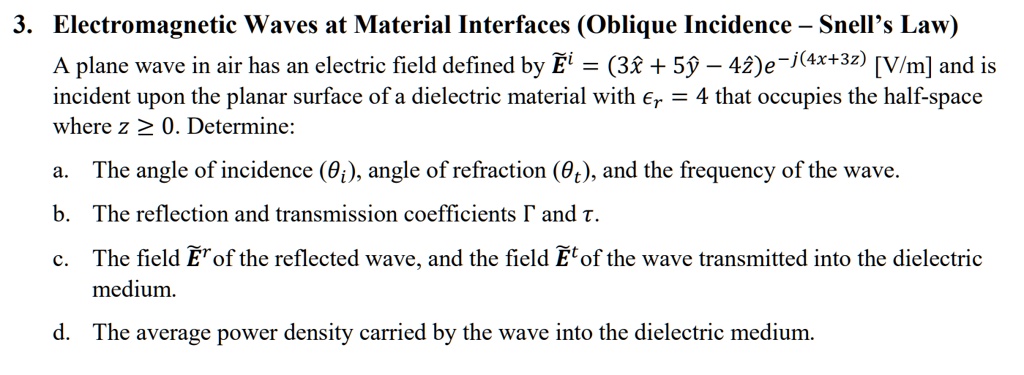 SOLVED: Electromagnetic Waves at Material Interfaces (Oblique Incidence - Snell's Law) Incident ...