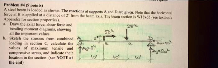 Problem #4 (9 points) A steel beam is loaded as shown. The reactions at ...