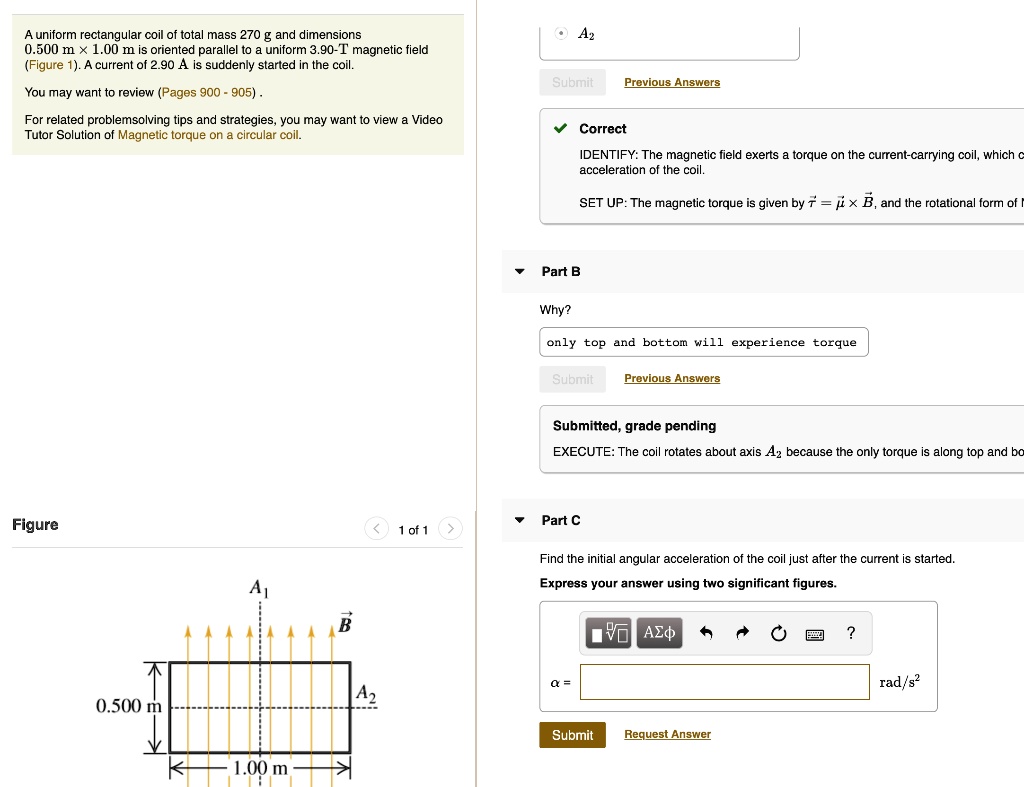 uniform rectangular coil of total mass 270 g and dimensions 0500 m x 100 m is oriented parallel ...