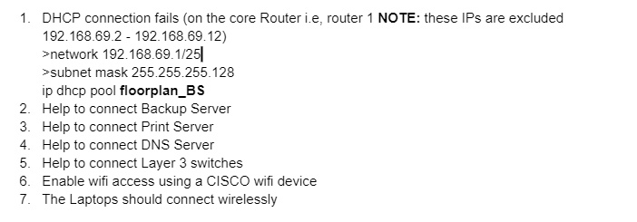 1. DHCP connection fails (on the core Router i.e, router 1 NOTE: these IPs are excluded 192.168 ...