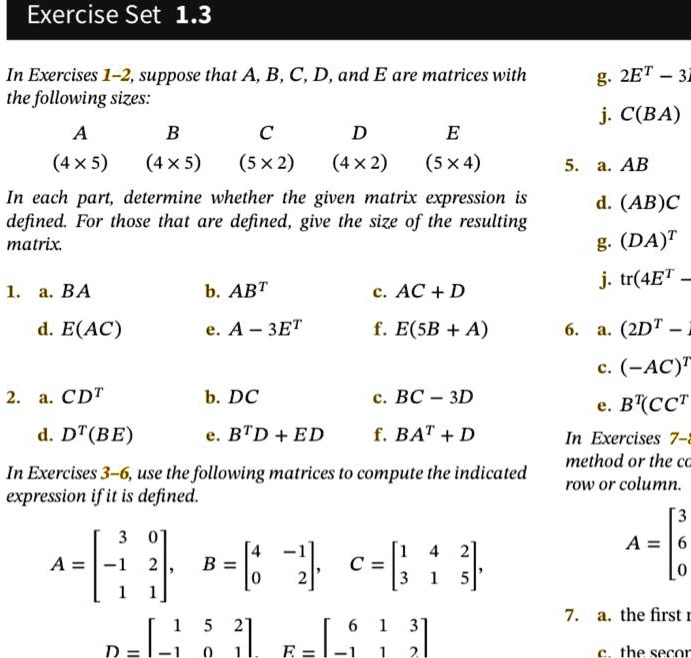 [GET ANSWER] exercise set 13 in exercises 1 2 suppose that a bc d and e are matrices with the ...