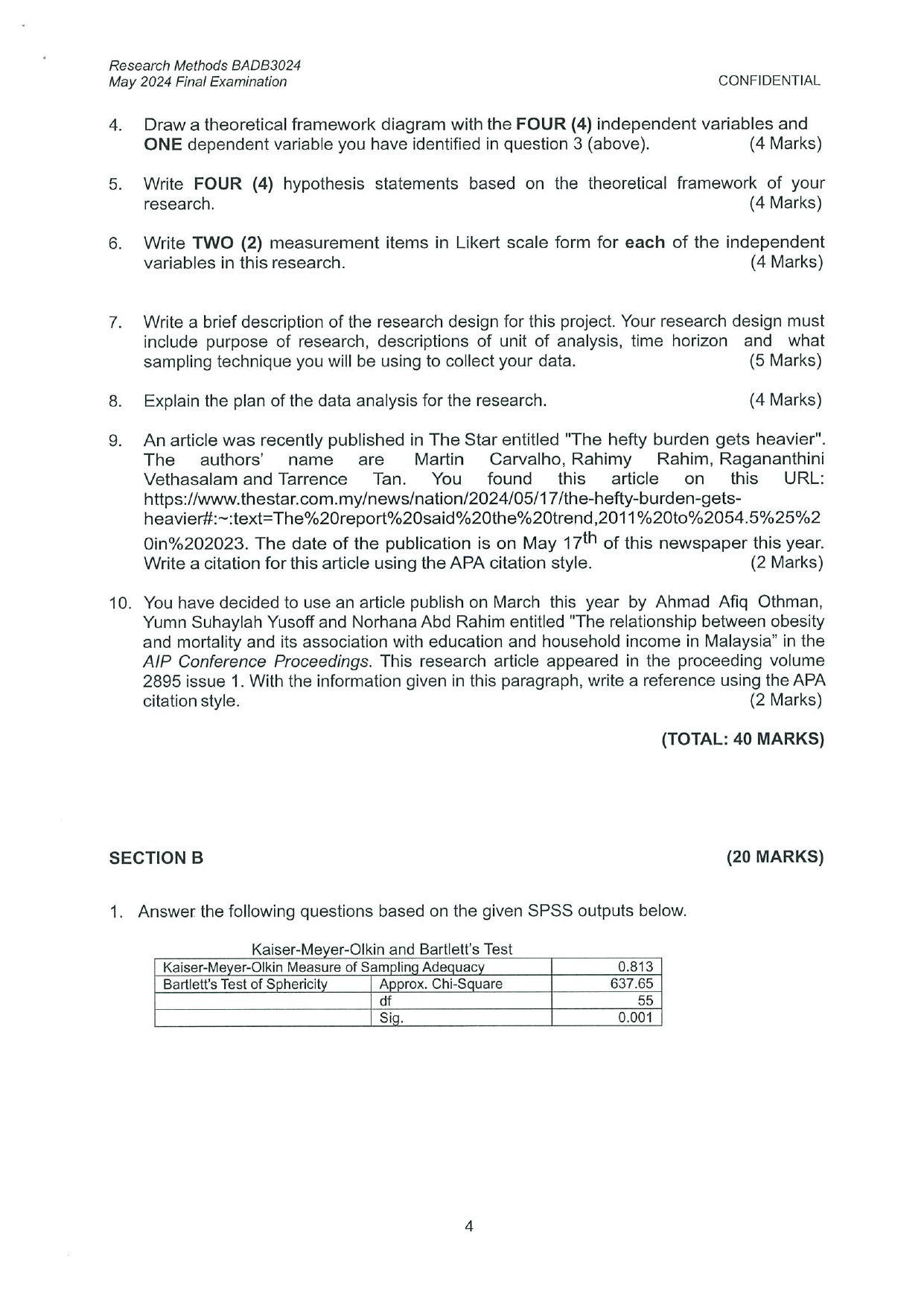 Research Methods BADB3024 May 2024 Final Examination CONFIDENTIAL 4 ...