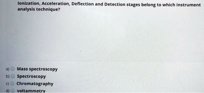 SOLVED: Ionization, Acceleration, Deflection, and Detection stages ...
