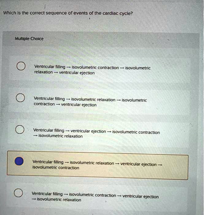 SOLVED: Which is the correct sequence of events of the cardiac cycle? Multiple Choice ...